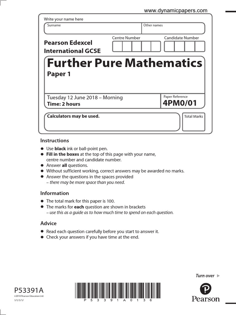 Further Pure Mathematics Paper 1 Exam | PDF | Equations | Area