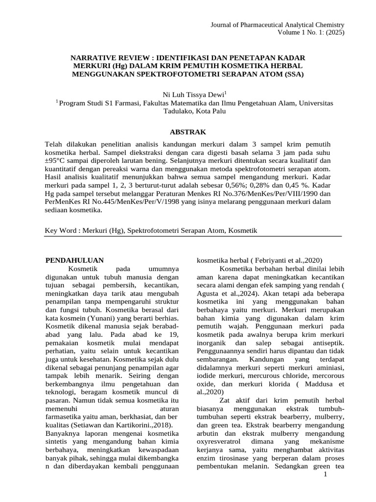 NARRATIVE REVIEW: IDENTIFIKASI DAN PENETAPAN KADAR MERKURI (HG) DALAM ...
