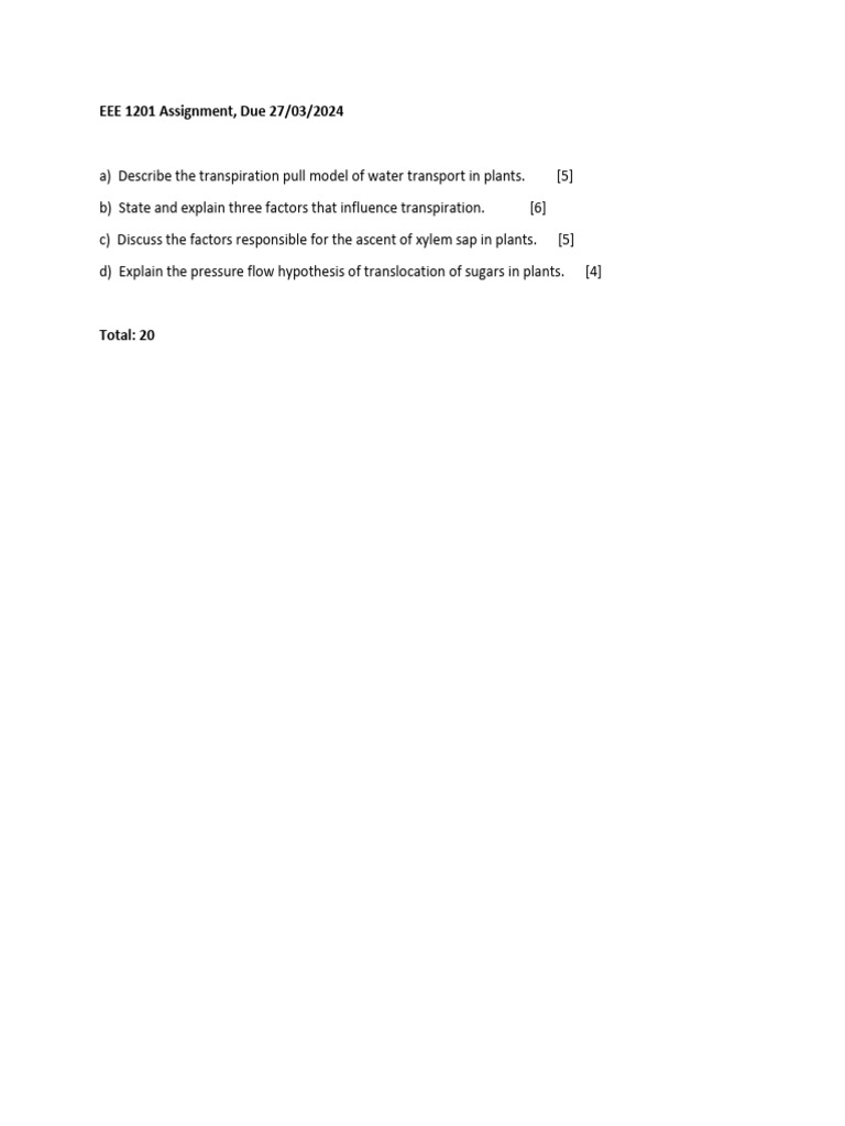 EEE 1201 Assignment - Transport in Plants | PDF