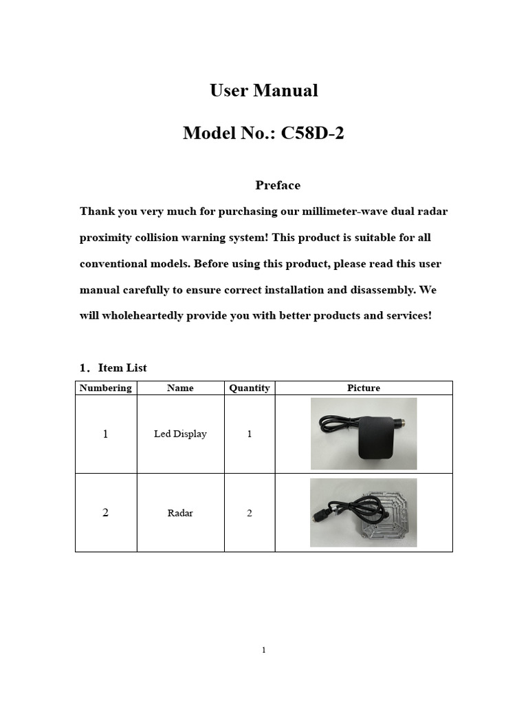 C58D-2 With RS232 User Manual For Front and Rear Installation | PDF | Radar | Length