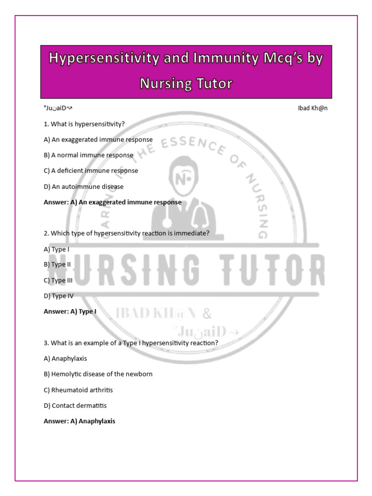 Hypersensitivity and Immunity Mcqs by NursingTutor | PDF | Immune System | Adaptive Immune System