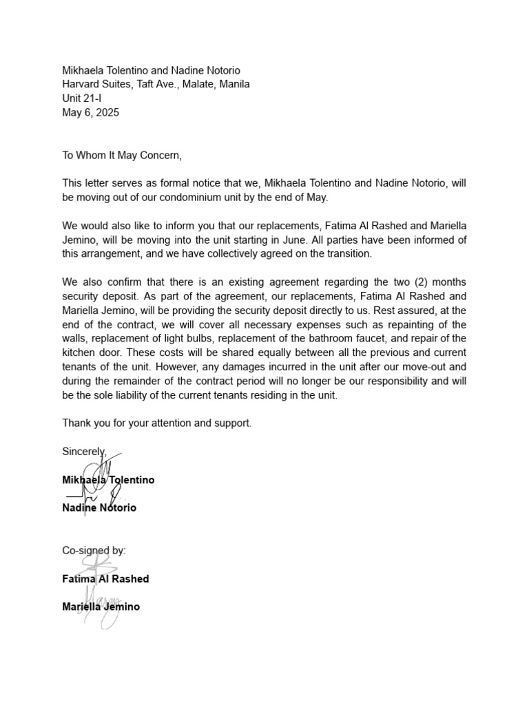 Notice of Condominium Move-Out and Transition | PDF