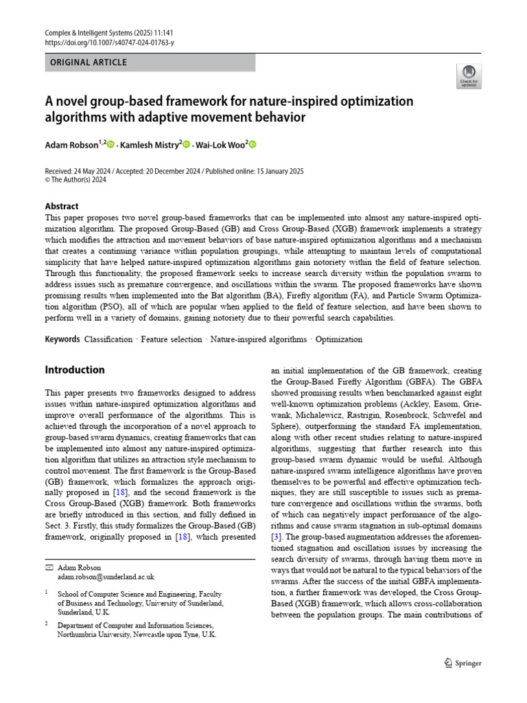 A Novel Group-Based Framework For Nature-Inspired Optimization Algorithms With Adaptive Movement ...