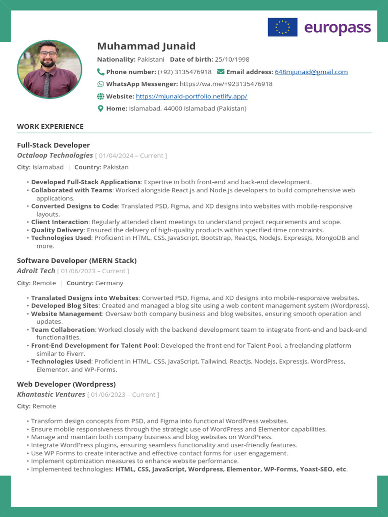 Full Stack Resume Muhammad Junaid | PDF | Word Press | Java Script