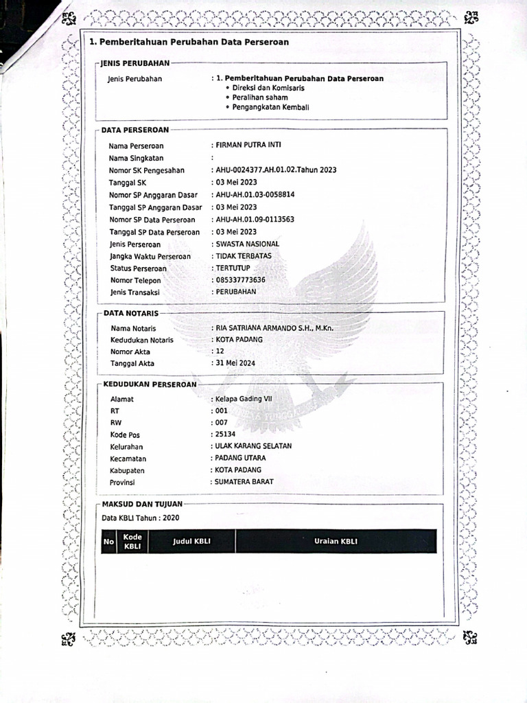 Perubahan AD Firman Putra Inti No. AHU-0 | PDF
