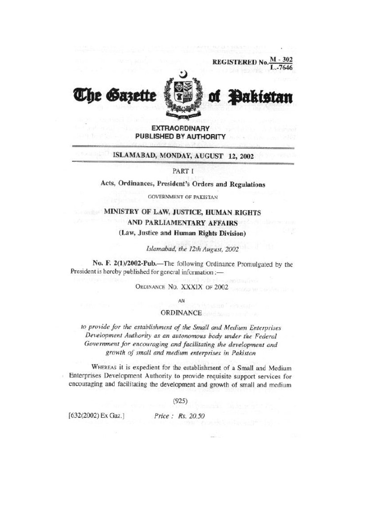 SMEDA Ordinance 2002 | PDF