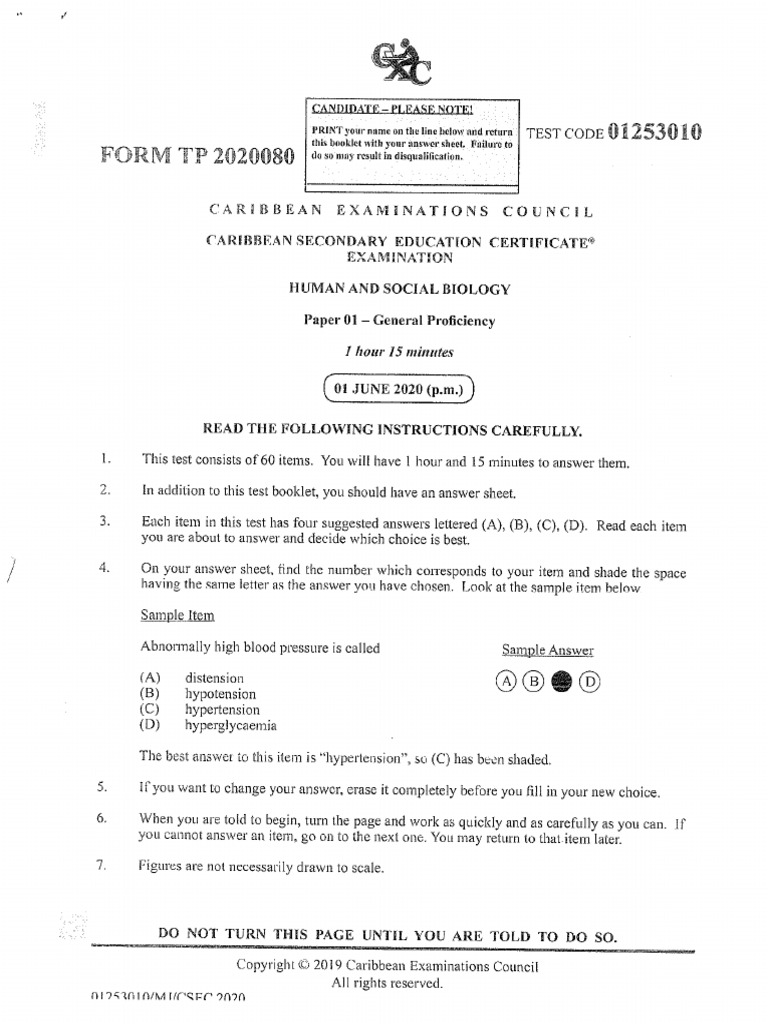 CXC Human and Social Biology June 2020 Paper 1 | PDF