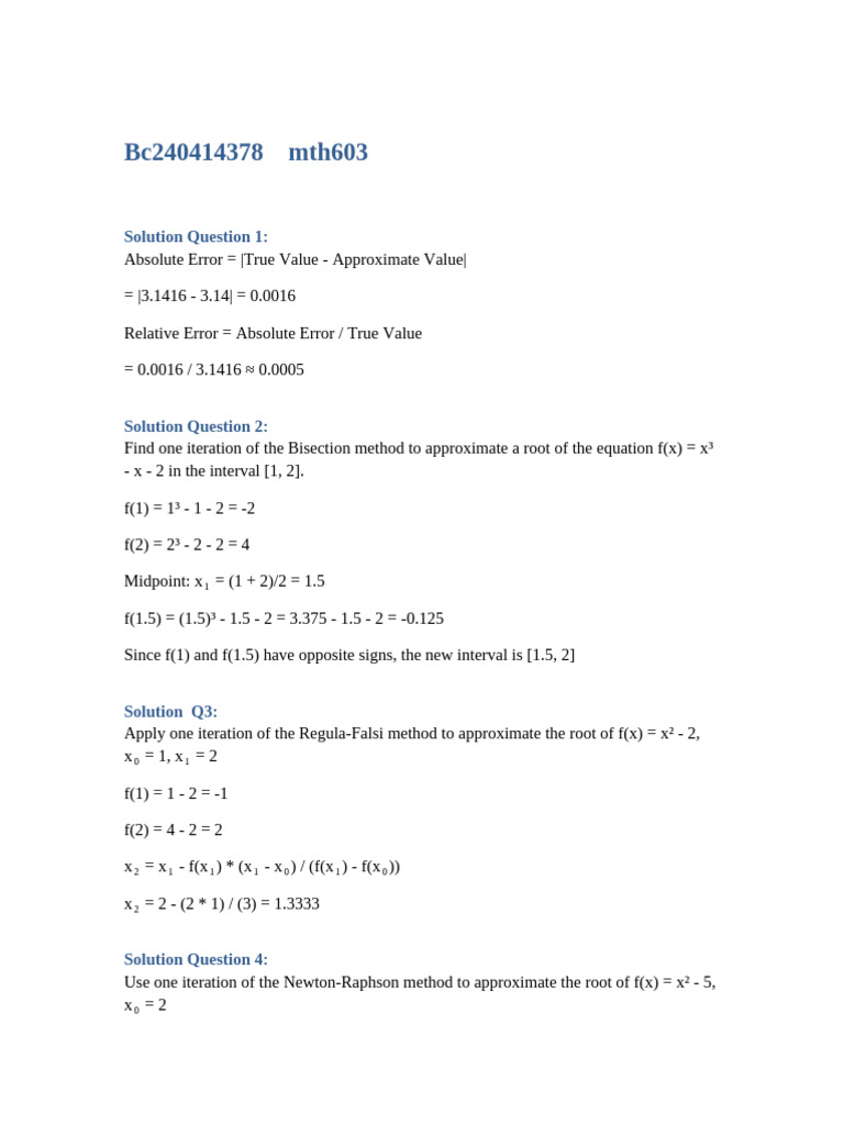 Numerical Methods Solutions | PDF