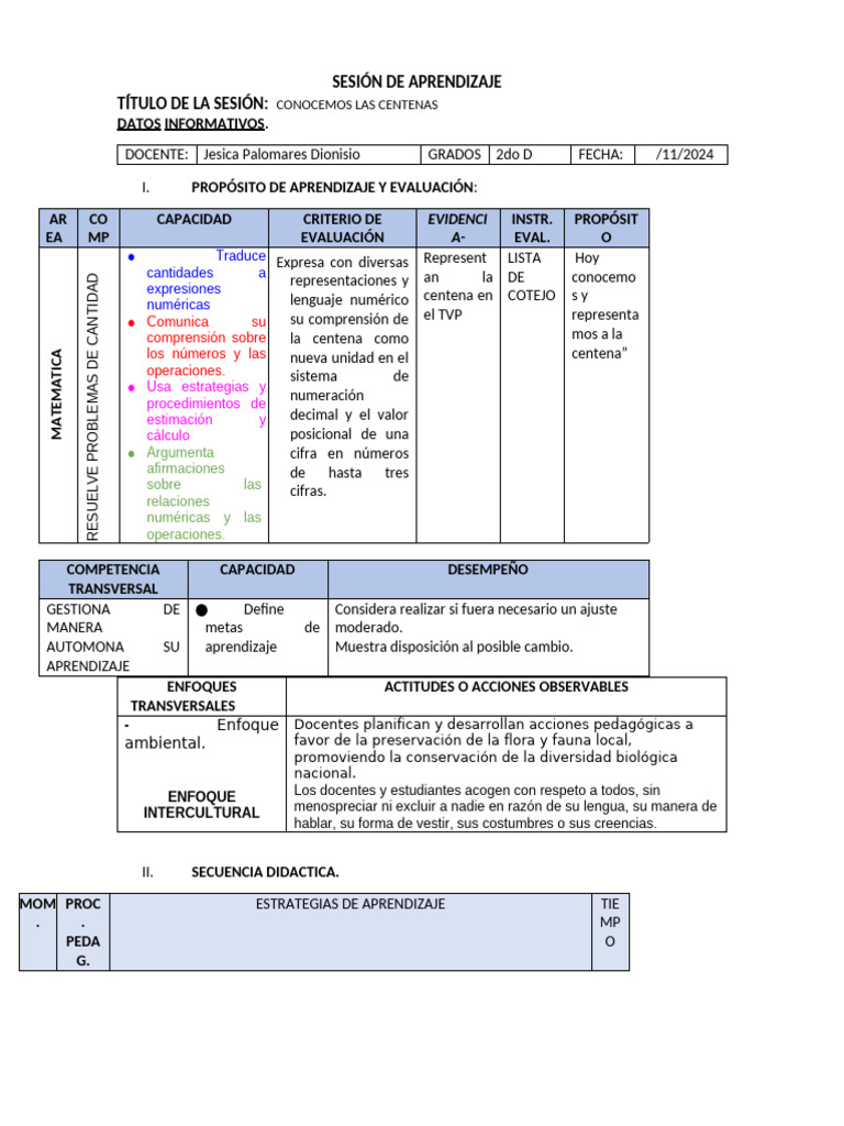 Sesión de Aprendizaje Conocemos La Centena | PDF | Aprendizaje | Codificaciones