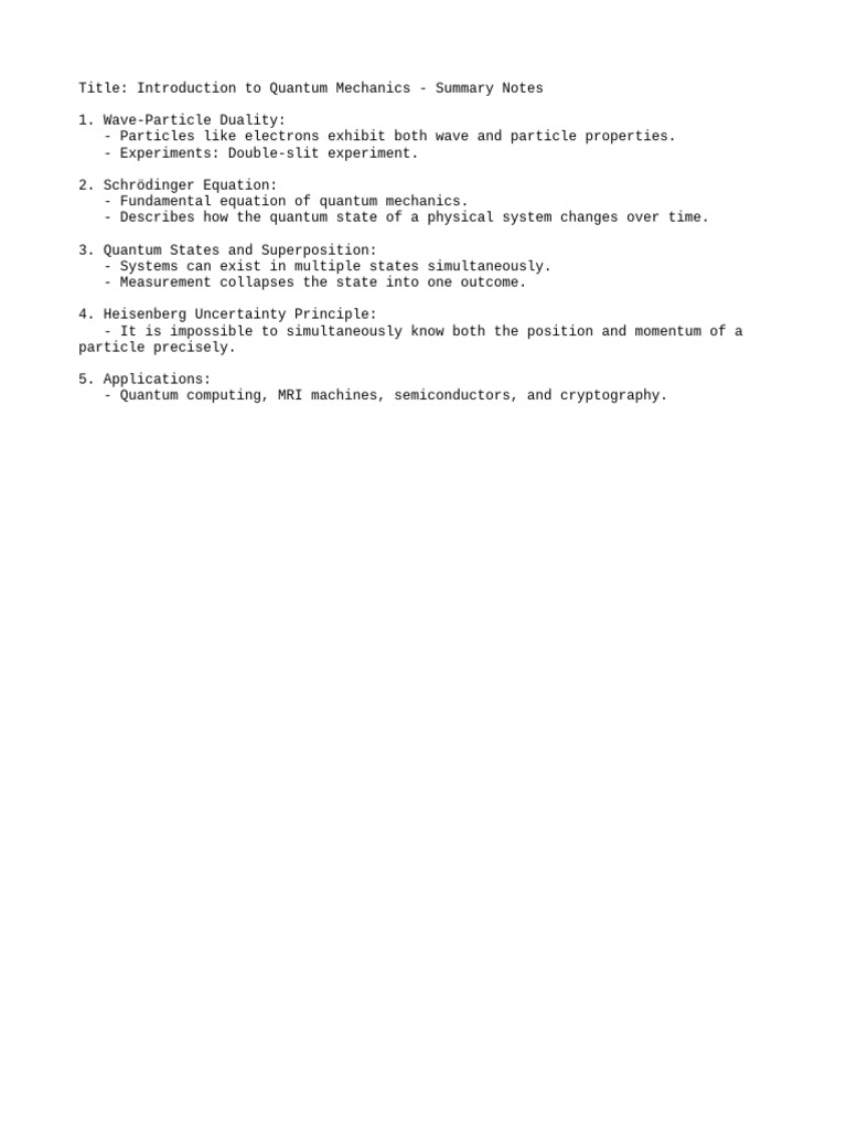 Quantum Mechanics Summary | PDF