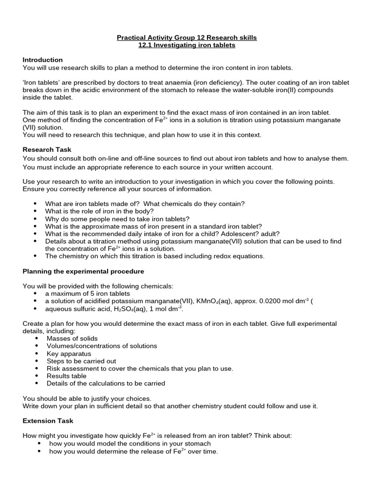 Research Task - Student Worksheet | PDF | Iron | Titration