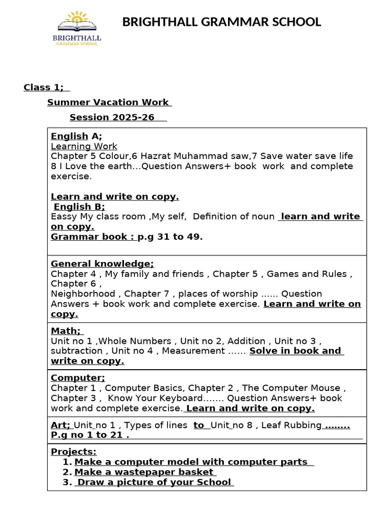 Class One Summer Vacation Work | PDF