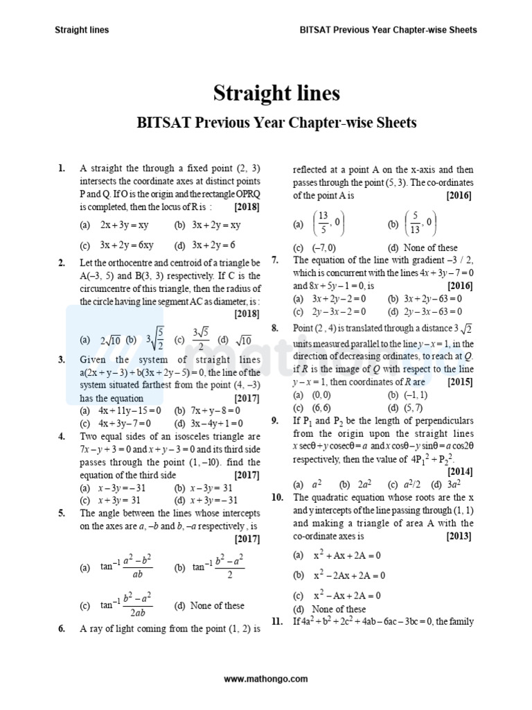 Straight Lines BITSAT Previous Year Chapter Wise Sheets MathonGo | PDF | Triangle Geometry ...