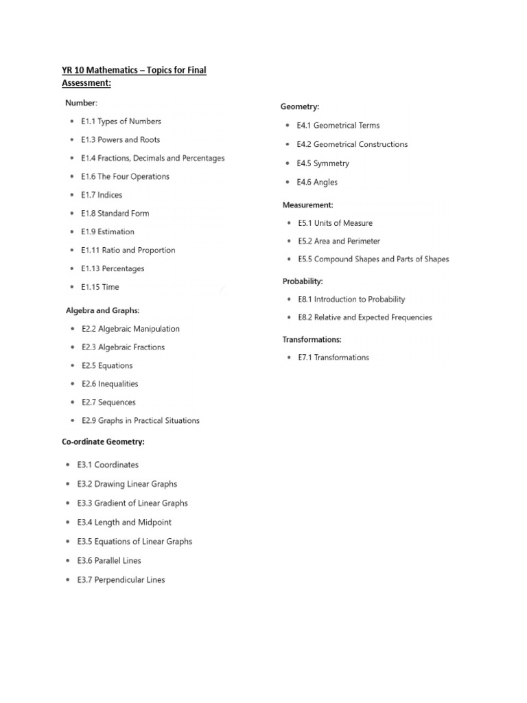 Topics for YR 10 Maths Final Assessment 2024-25 | PDF
