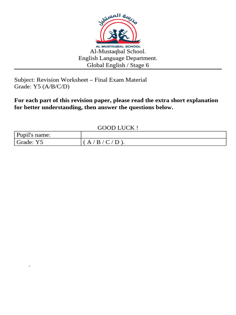 Final Exam Revision Sheet - Part 2 (1) | PDF | Adverb | Subject (Grammar)