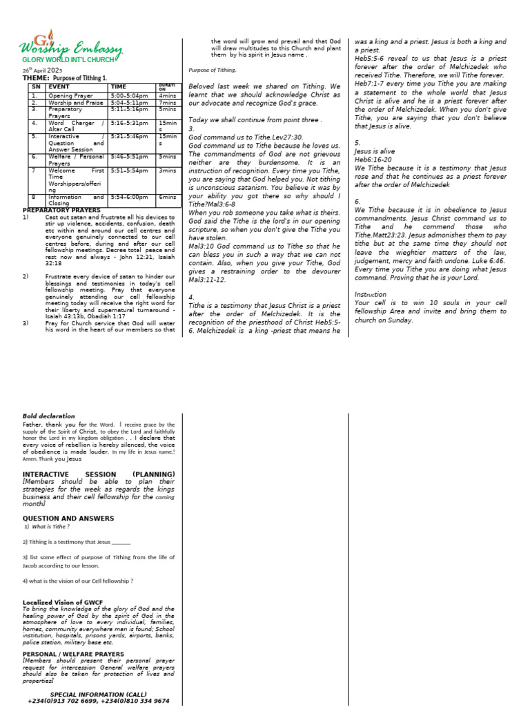 Purpose of Tithing in Cell Fellowship | PDF | Jesus | Prayer