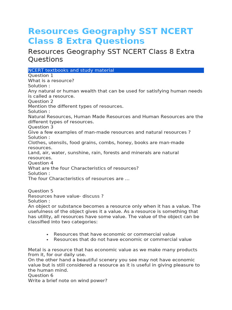 Resources Geography SST NCERT Class 8 Extra Questions | PDF | Renewable ...