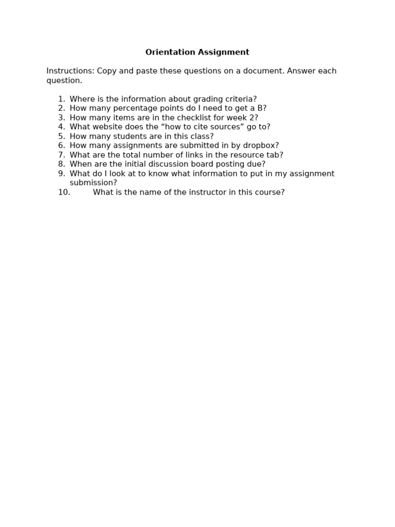 Orientation Assignment Questions Guide | PDF