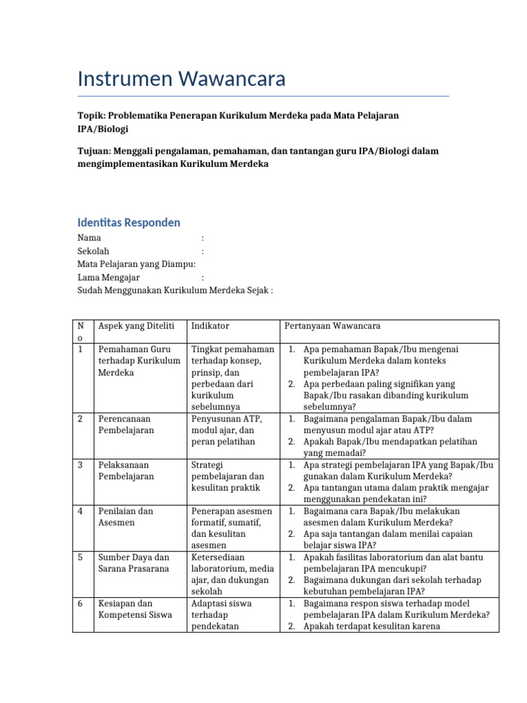 Instrumen Wawancara Kurikulum Merdeka IPABiologi | PDF