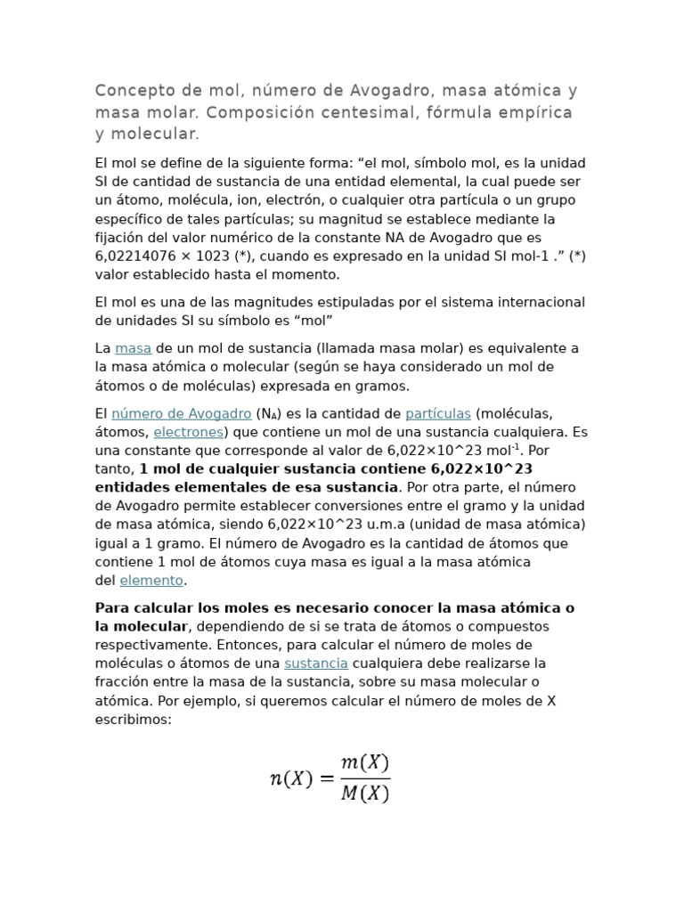 Conceptos Clave del Mol y Número de Avogadro | PDF | Mole (Unidad ...
