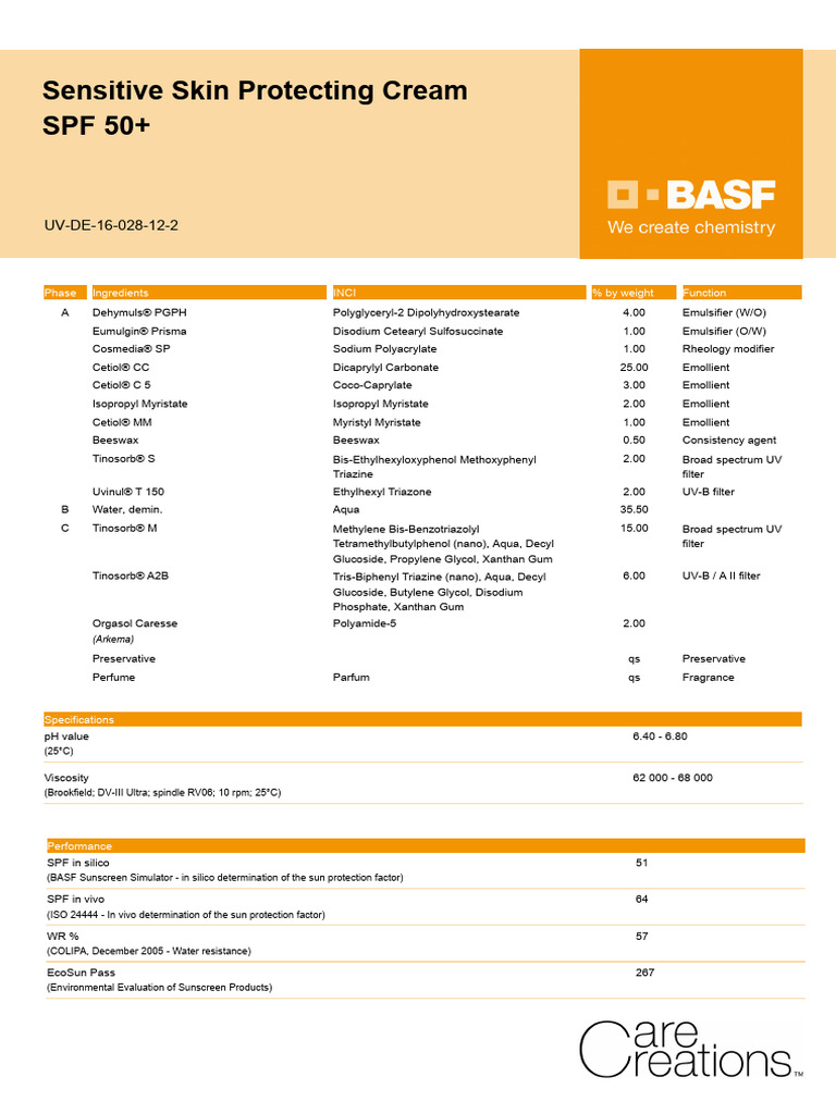 Sensitive Skin SPF 50 Cream Formula | PDF | Sunscreen | Emulsion