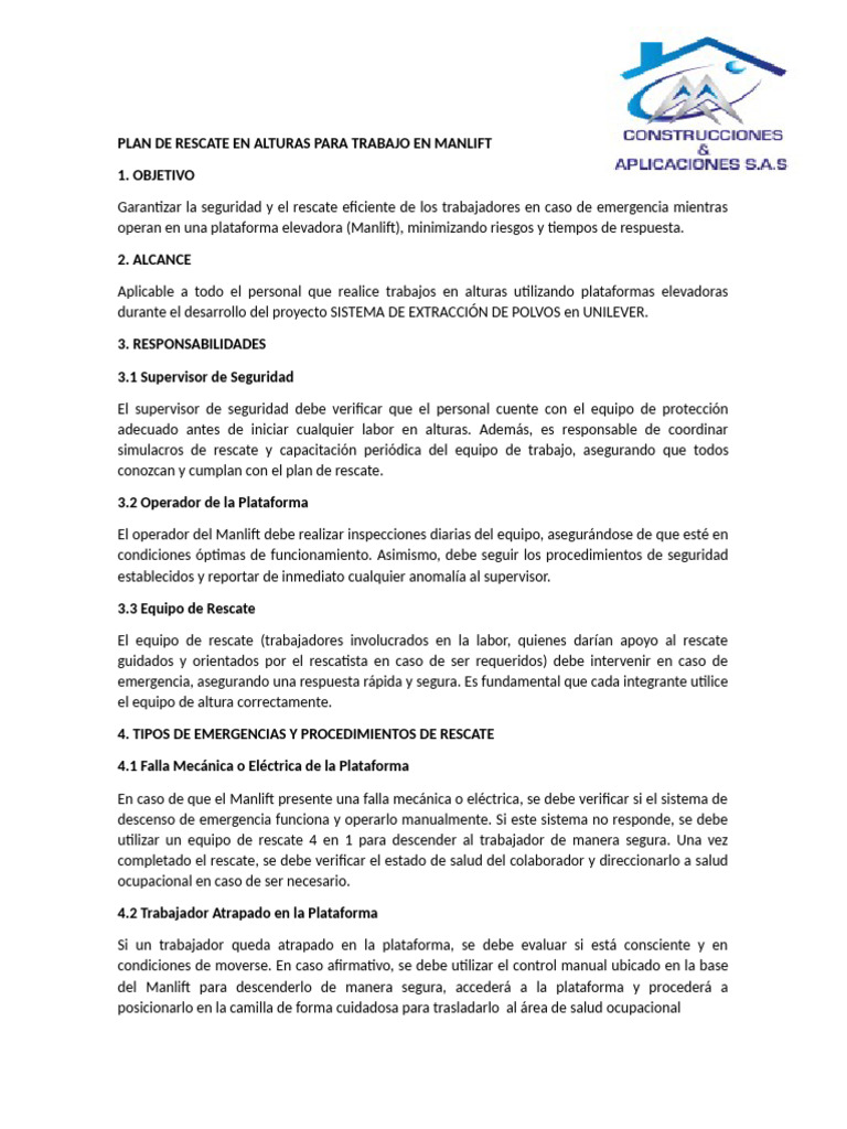 Plan de Rescate en Alturas para Trabajo en Manlift | PDF