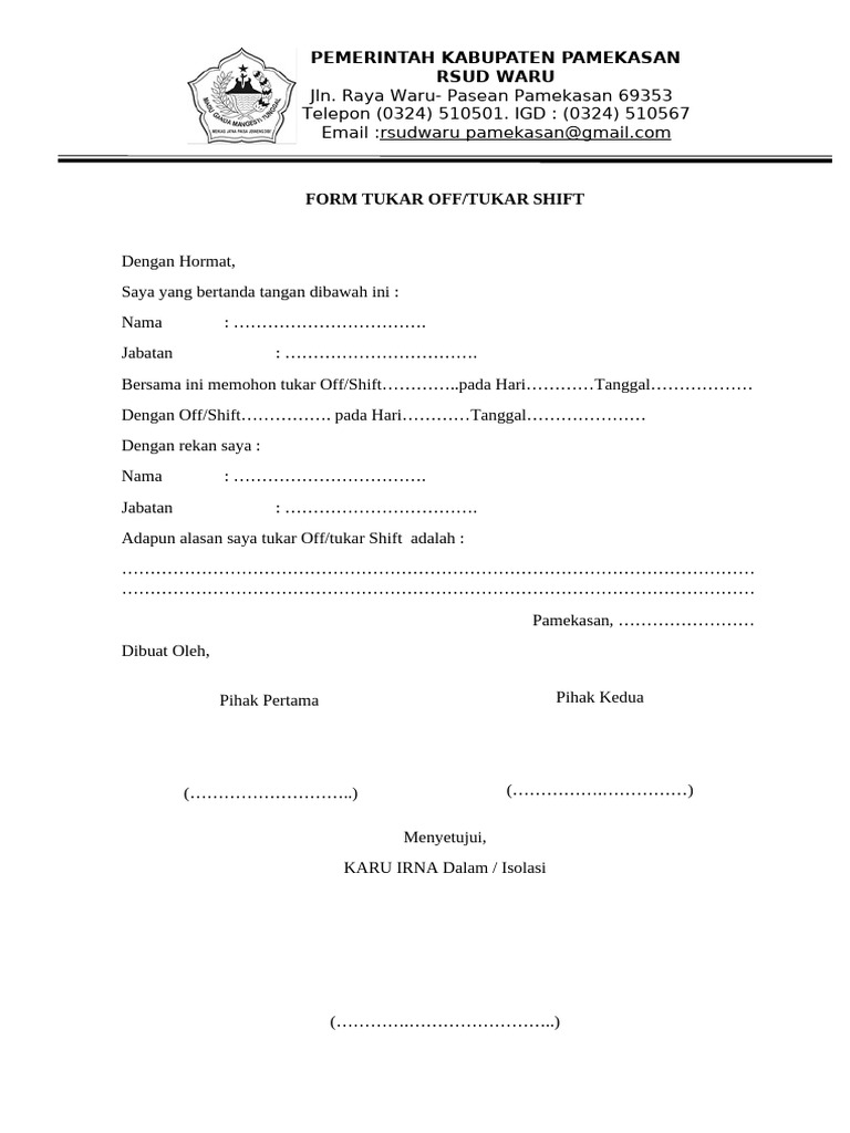 Form Tukar Shift Rsud Waru | PDF