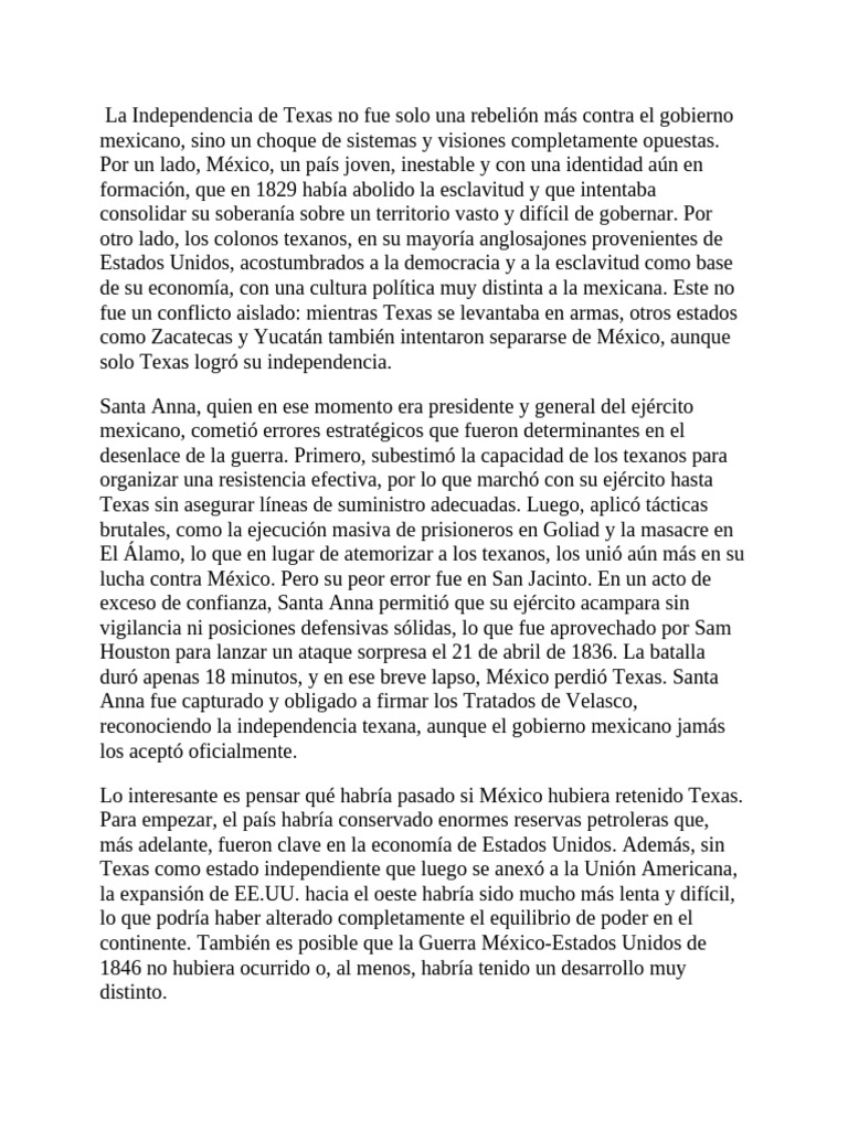 Causas y Consecuencias de la Independencia de Texas | PDF | Conflictos ...