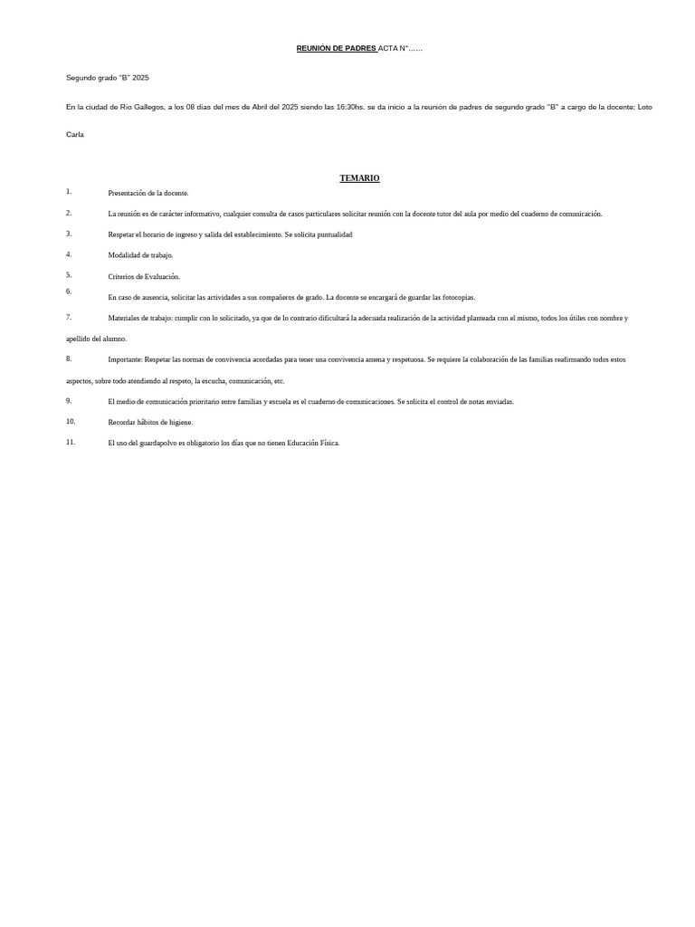 Temario Reunión de Padres 2do Grado | PDF