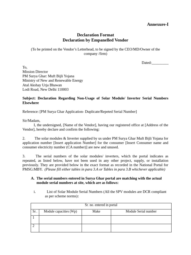 Vendor Declaration for PM Surya Ghar | PDF | Climate Change Mitigation ...
