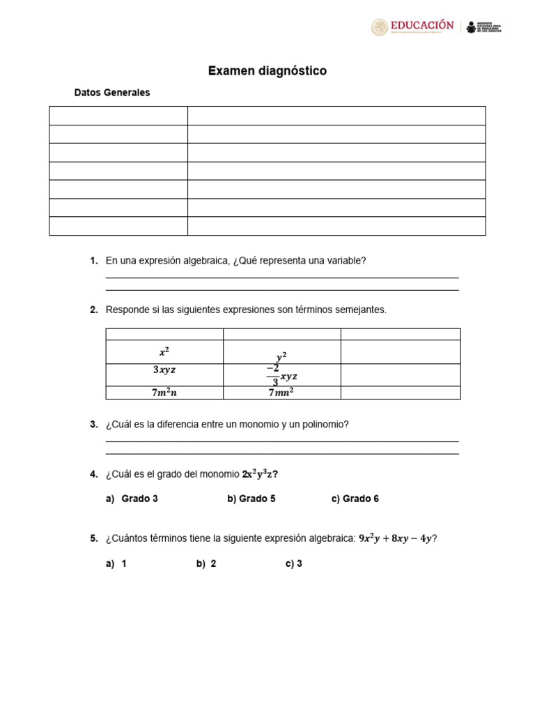 Examen Diagnóstico de Pensamiento Matemático | PDF | Análisis ...