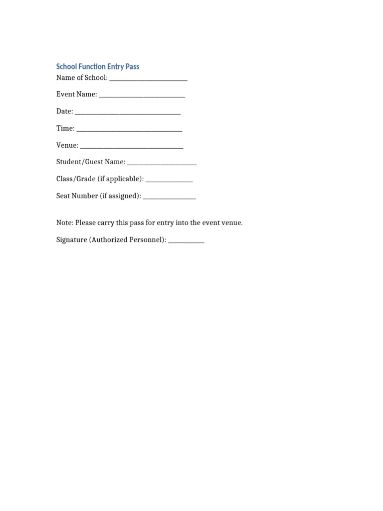 School Function Entry Pass Template | PDF