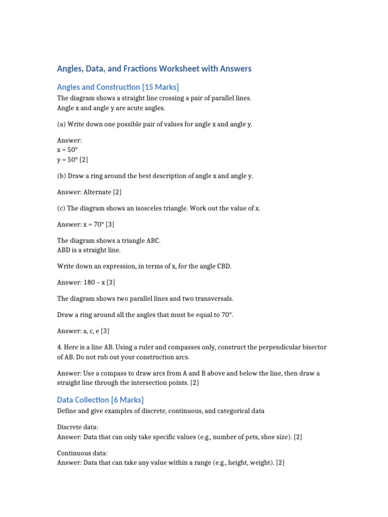 Angles Data Fractions Worksheet With Answers | PDF