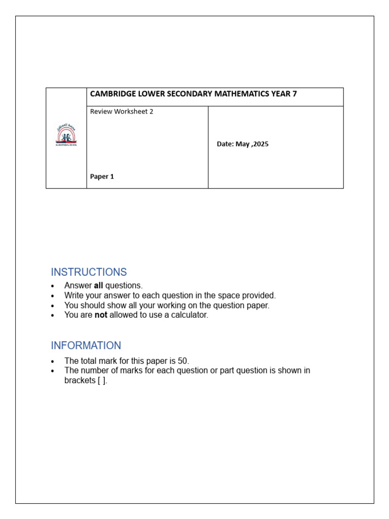 Maths Stage 8 Paper 1 Past Paper 1 | PDF