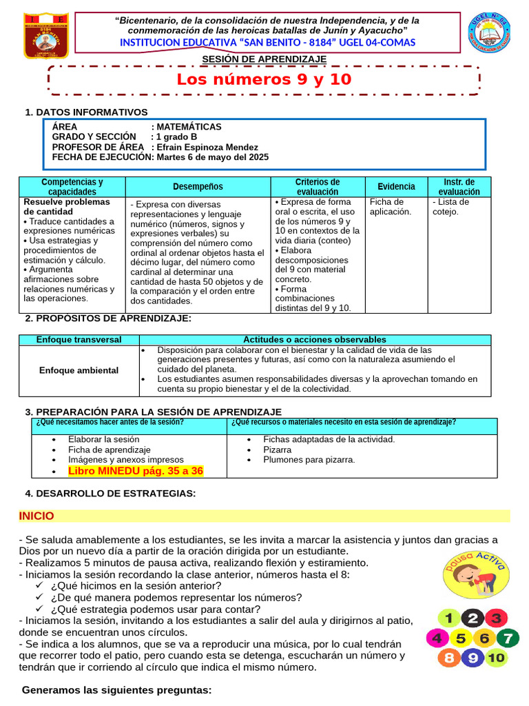MATEMÁTICAS - Los Números 9 y 10 - Mar 6-05 | PDF | Aprendizaje | Science
