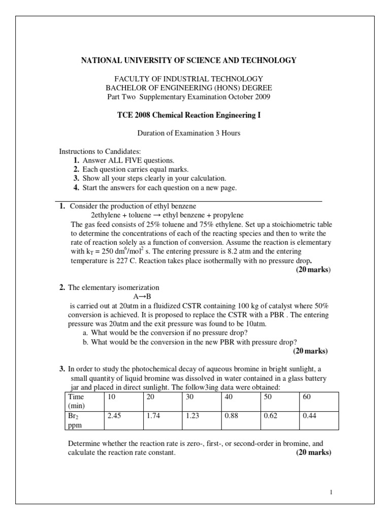 Chemical Reaction Engineering Exam 2009 | PDF | Reaction Rate ...