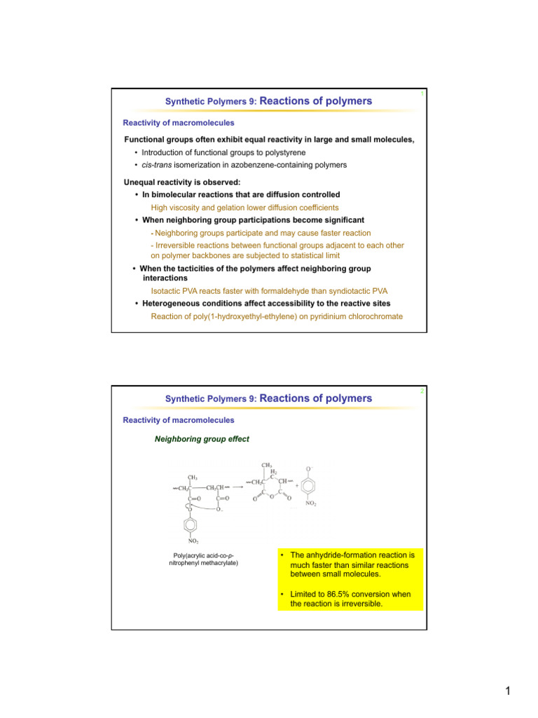 Polymer Chemistry - Chap 9 - Reactions of Polymers | PDF | Polymers ...