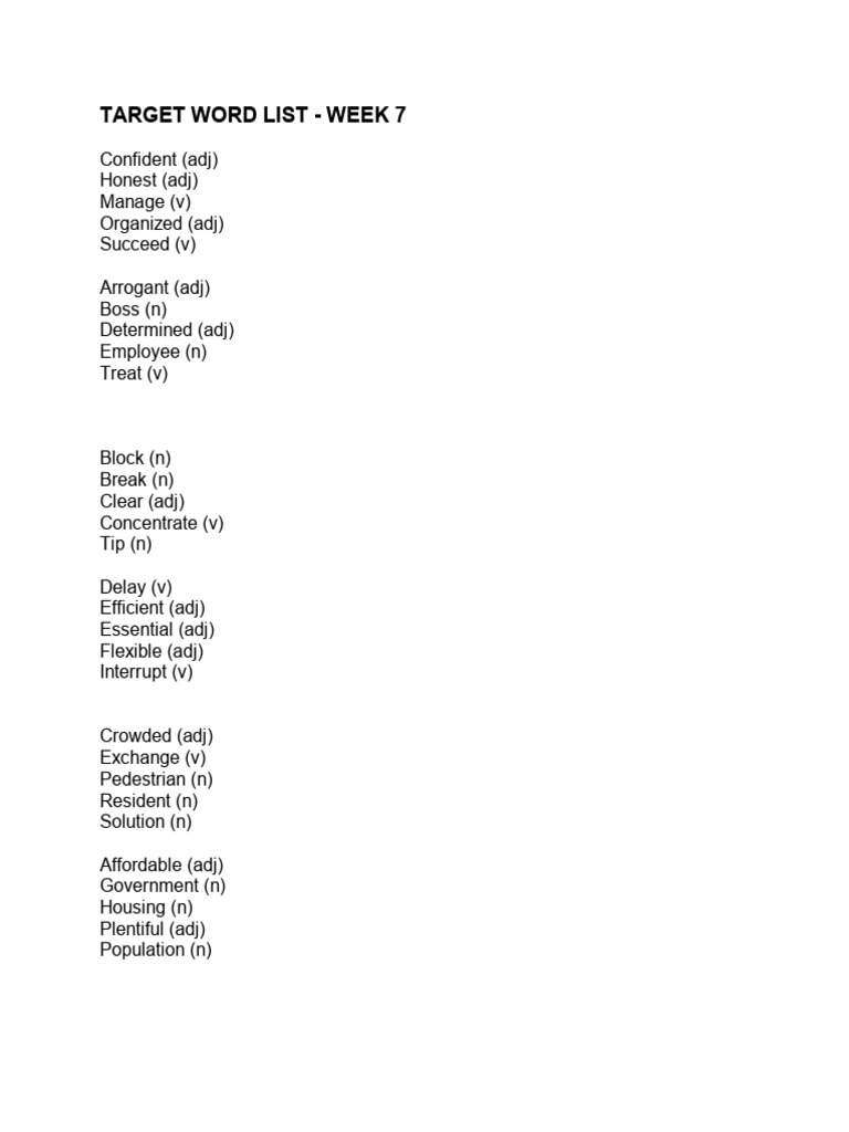 Target Word List - Week 7 | PDF