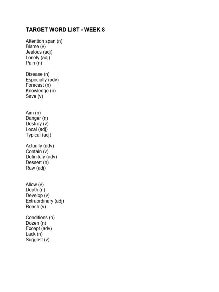 Target Word List - Week 8 | PDF