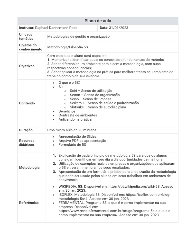 Raphael Pires - Plano de Aula Metodologia 5S | PDF