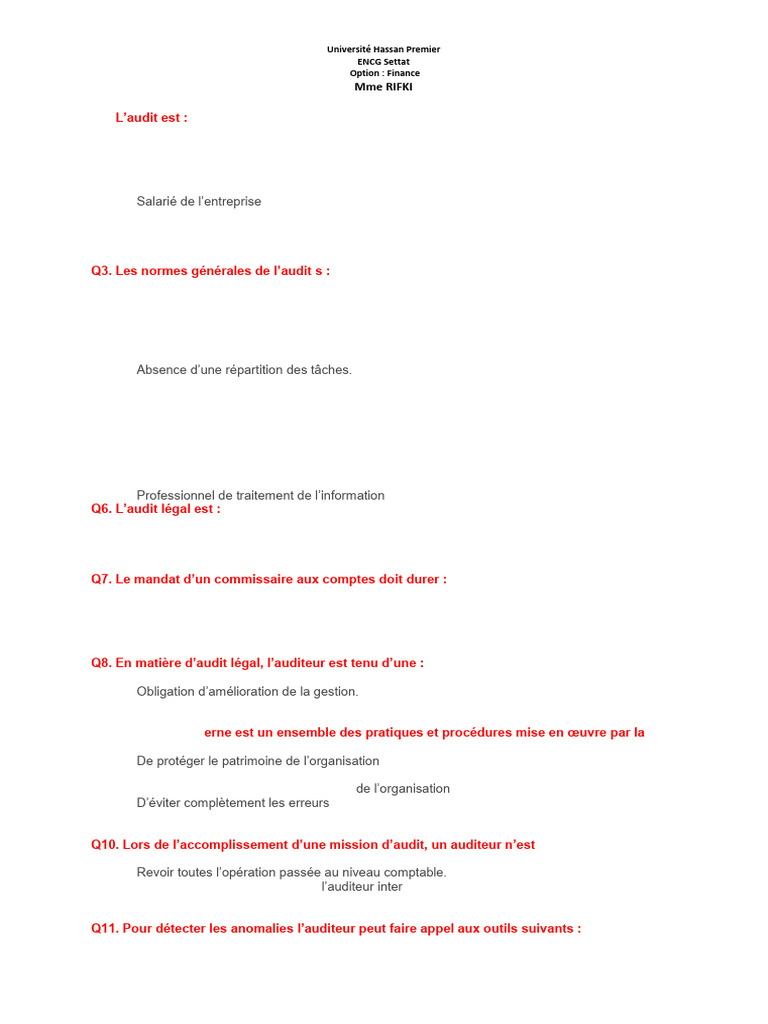 QCM sur l'Audit en Finance | PDF | Audit | Bilan comptable