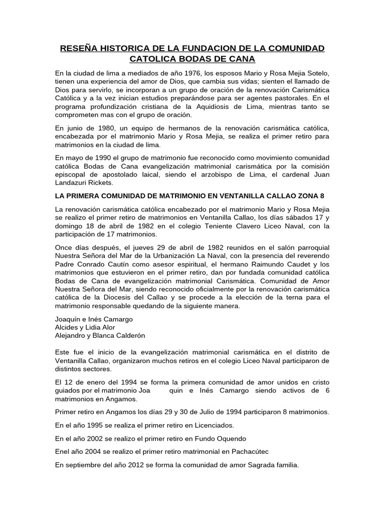 Reseña Historica de La Fundacion de La Comunidad Catolica Bodas de Cana | PDF | Iglesia Católica ...