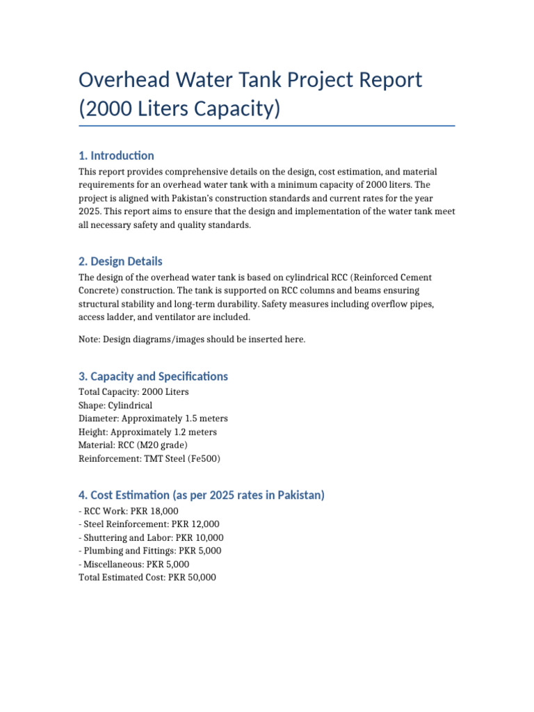 Overhead Water Tank Report 2025 Umar Siddique | PDF