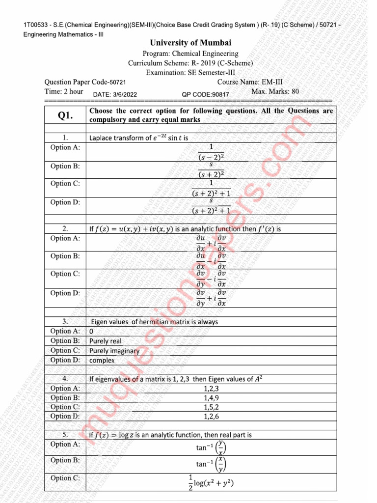 Be - Chemical Engineering - Semester 3 - 2022 - May - Engineering Mathematics Iiirev 2019 C ...