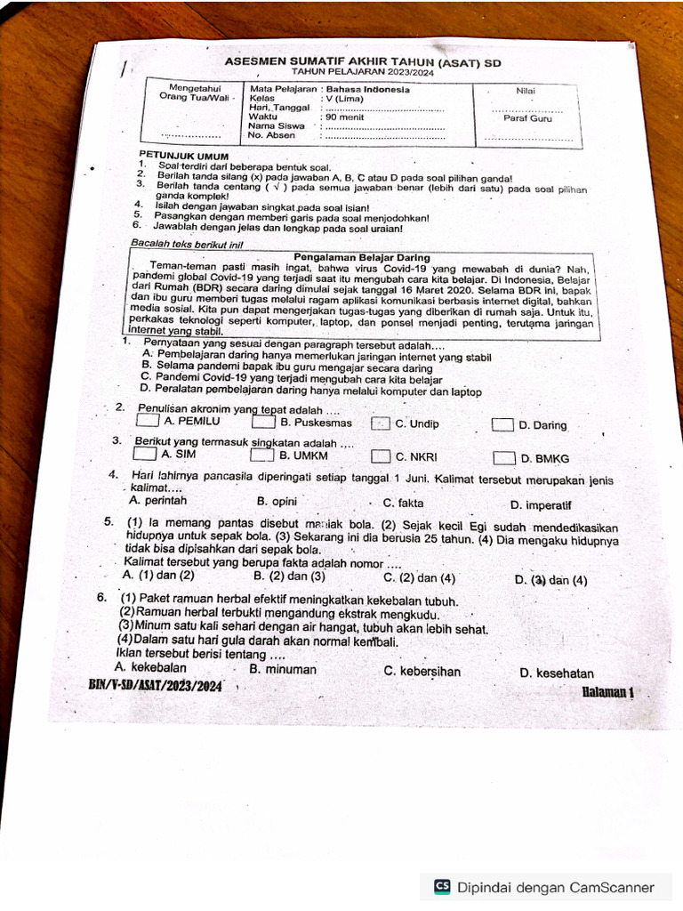 Latihan Soal Asat B. Indonesia KLS 5 | PDF