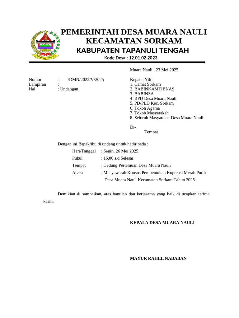 Undangan Musdes KMP Desa Muara Nauli - 025540 | PDF
