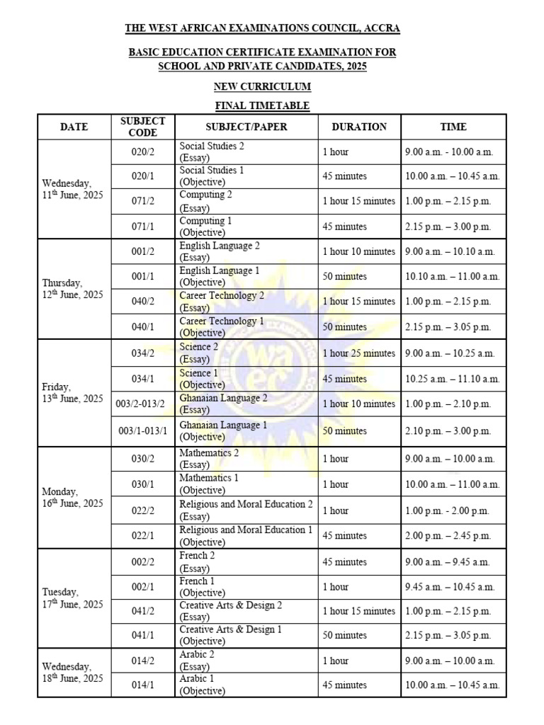 2025-BECE-Timetable-NEW | PDF