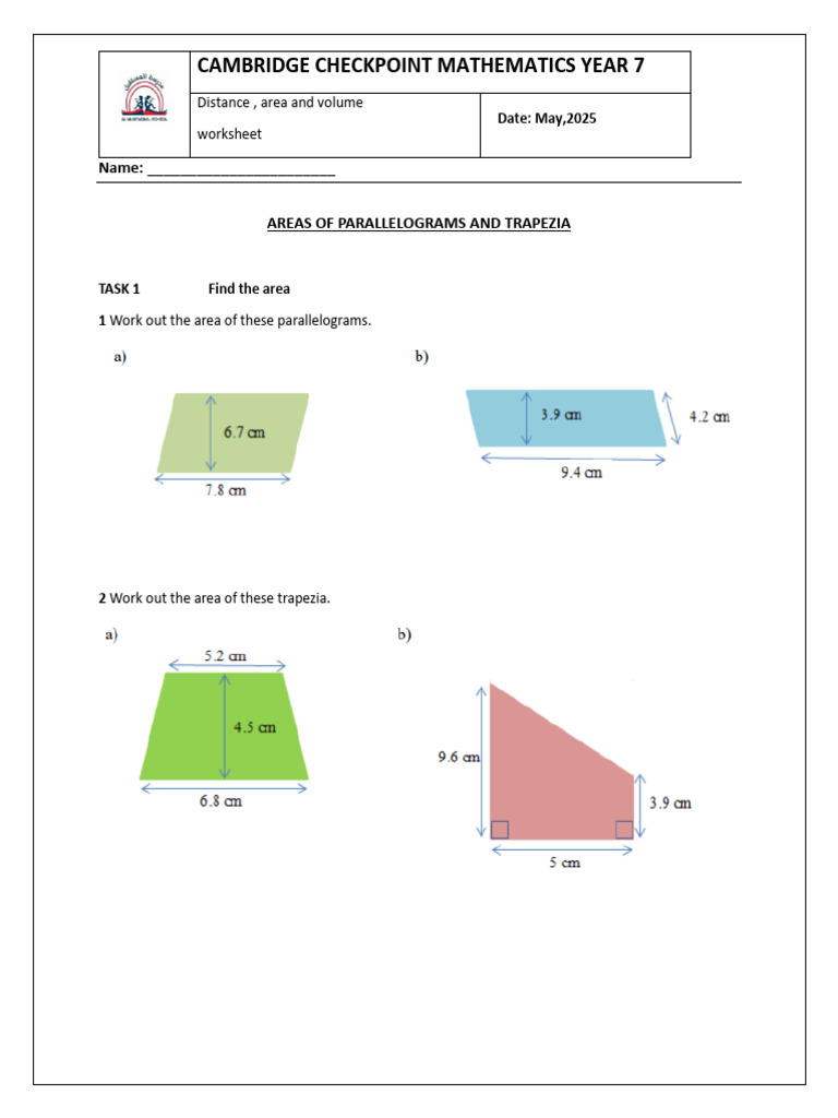 Area of Trapezium and Parallelogram Worksheet | PDF