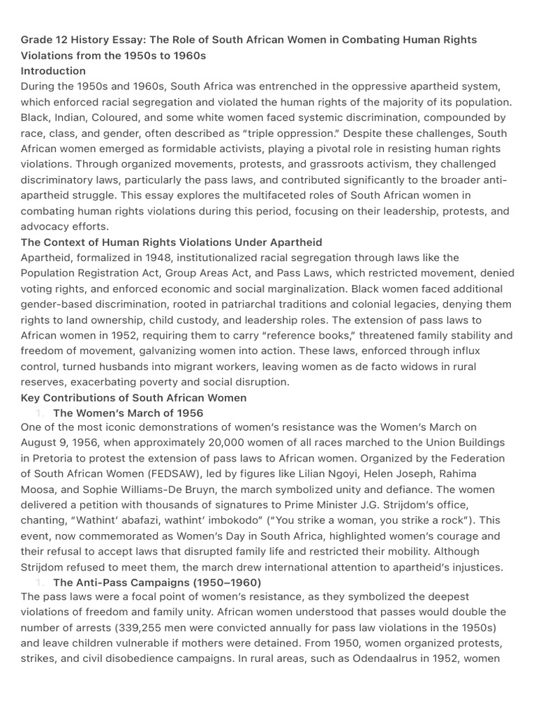 Grade 12 History Essay - The Role of South African Women in Combating ...