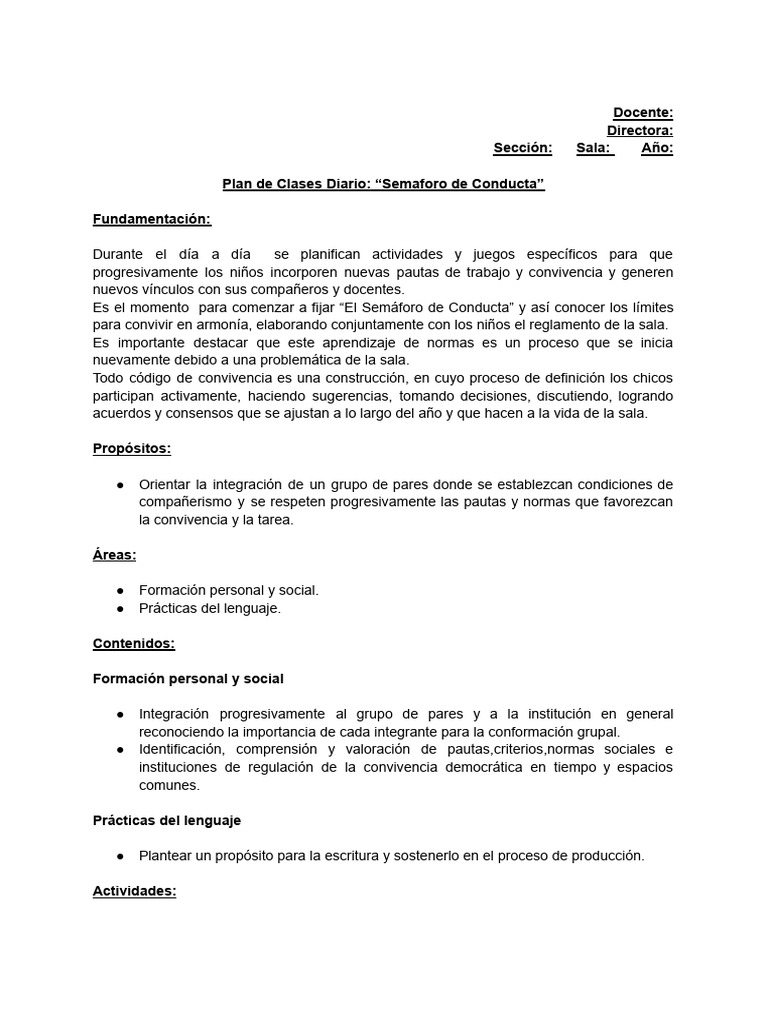 Plan de Clases Diario - "Semaforo de Conducta" | PDF | Comportamiento | Aprendizaje